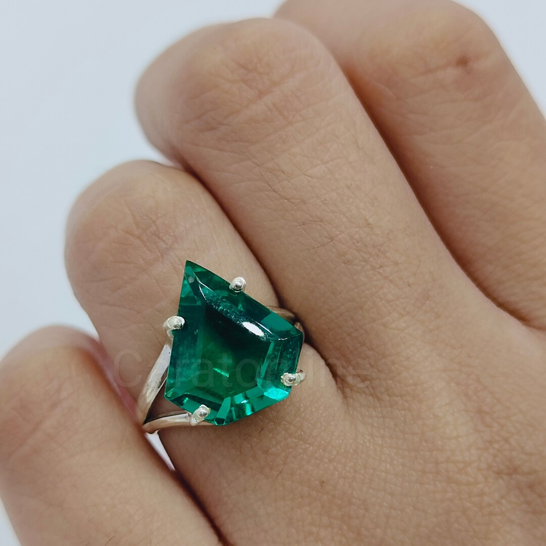 Green Emerald Glass Stone Ring, 925 Sterling Silver Ring, Handmade ...