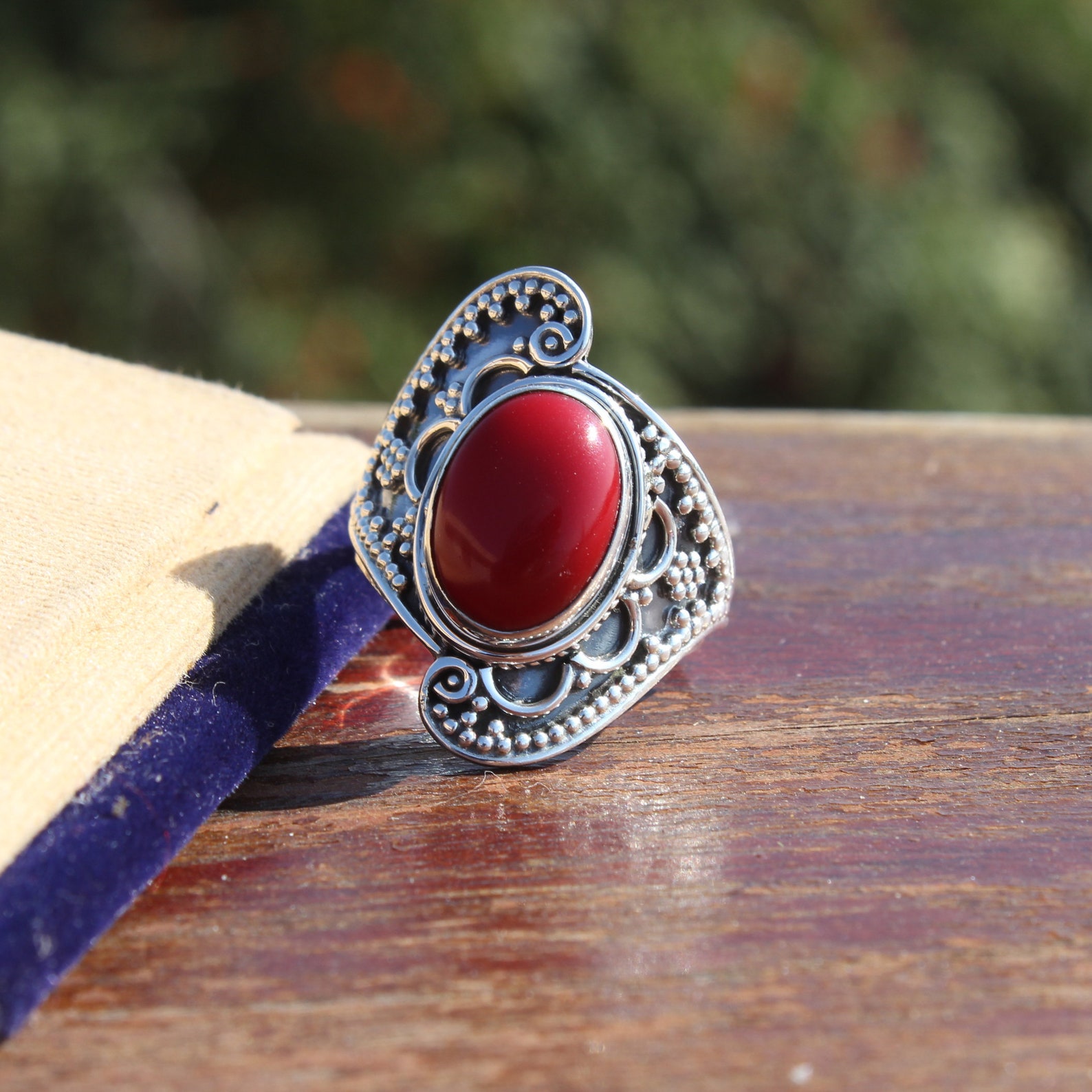 Boho Statement Ring Coral stone Sterling Silver Ring Hand | Etsy