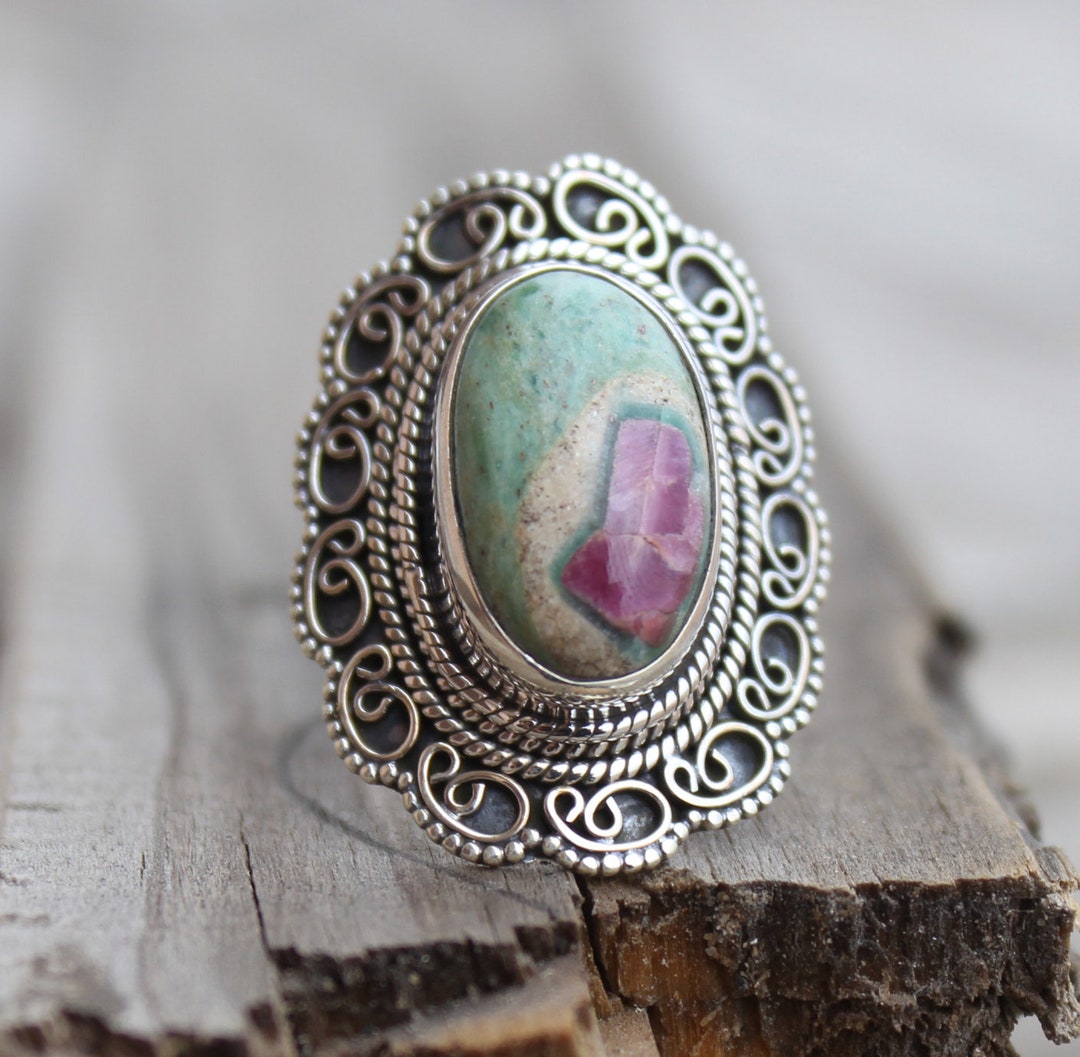 Boho Statement Ring - Ruby Fuchsite Stone Sterling Silver Ring - Hand Crafted Bohemian Ring ...