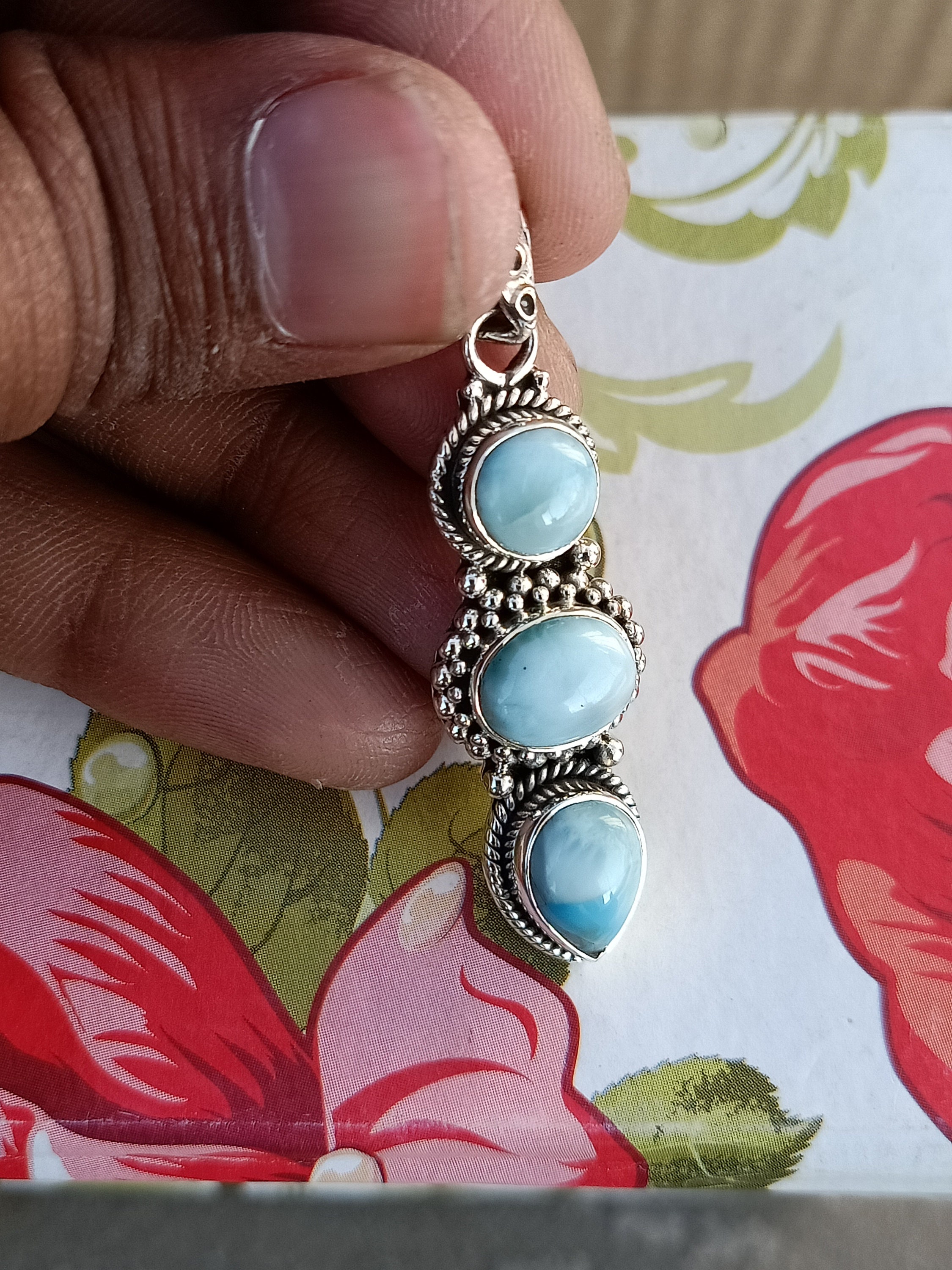 Handmade Larimar Triple Pendant of Solid 925 Sterling Silver | Etsy