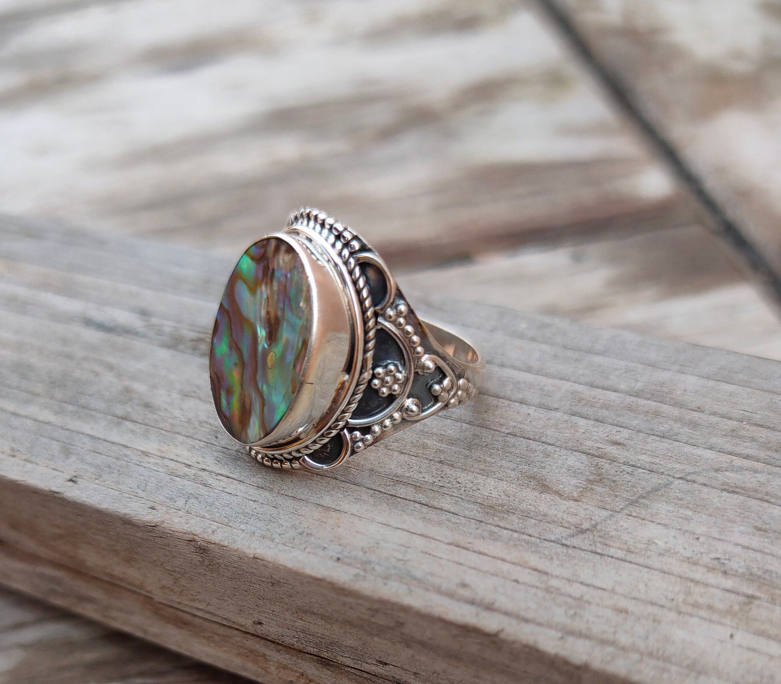 Minimalist Abalone Shell Boho Ring boho Statement Ring - Etsy