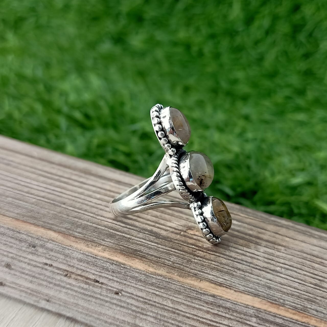 Golden Rutile Triple Stone Ring Handmade Silver Ring 925 | Etsy