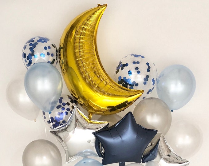 Sweet Moon 16 Piece Moon and Star Balloons Bouquet - Baby Shower ...