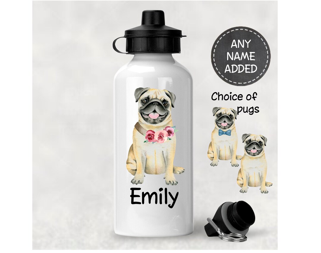 Personalized Pug Water Bottle: 600ml Aluminium Flask, Back to School ...