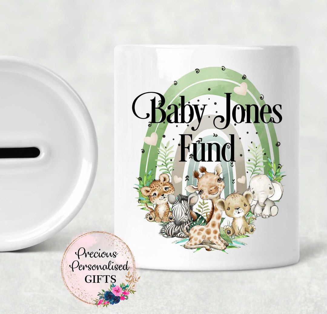 Personalised Safari Animal Money Box, Baby Shower Gift Jungle Animal ...