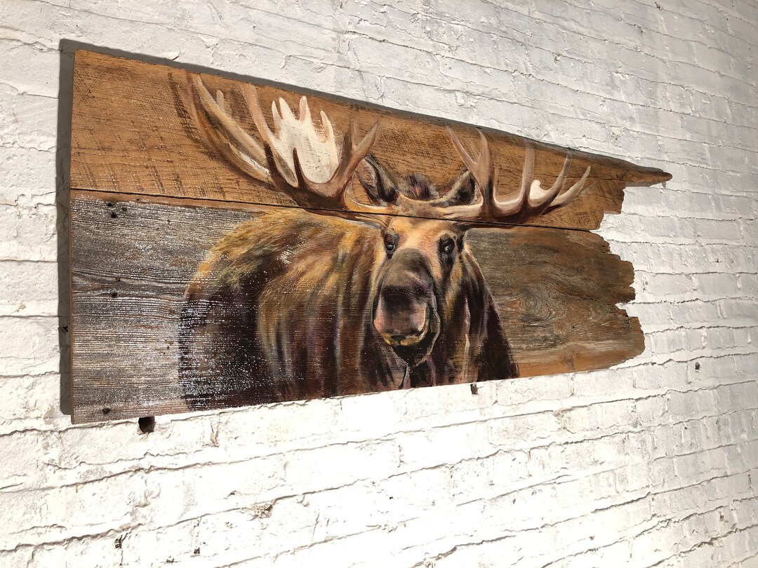 SOLD Rustic Moose Painting Wall Art, Cabin Art, Man Cave, Barn Wood - Etsy