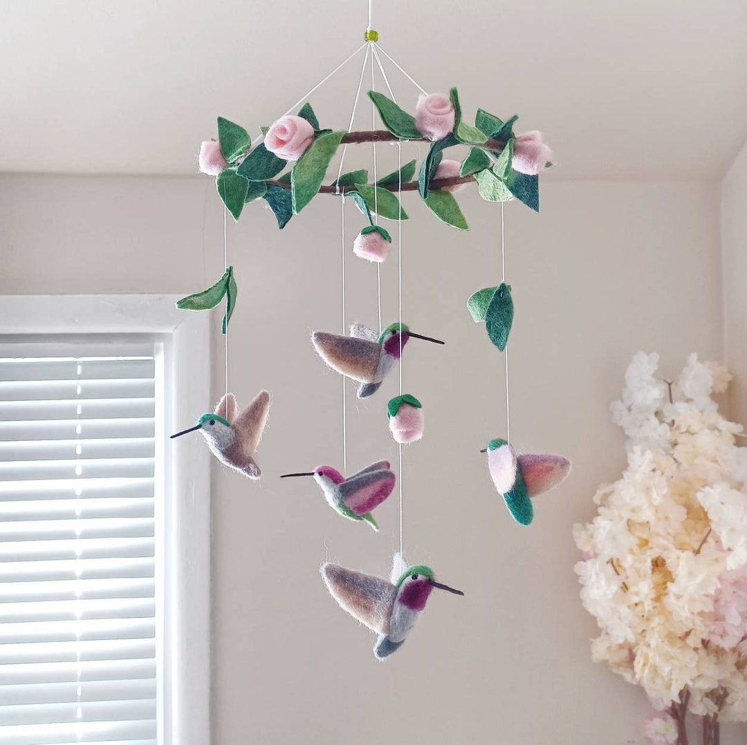 Hummingbird Mobile Felt Flower Bird Mobile Nursery Floral Baby Mobile ...