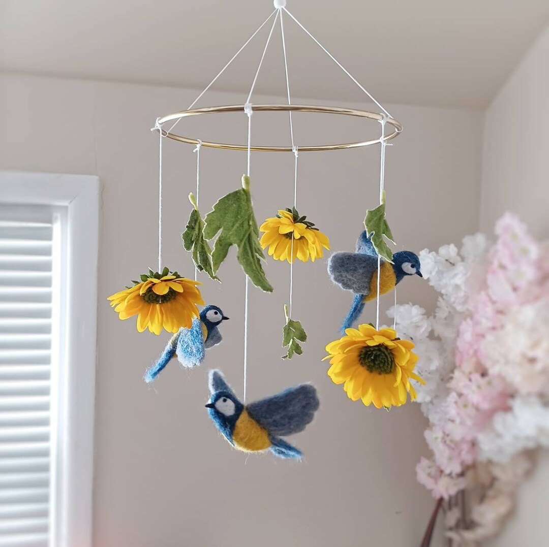 Blue Titmouse Bird Baby Mobile Girl Sunflower Mobile Nursery Wildflower ...