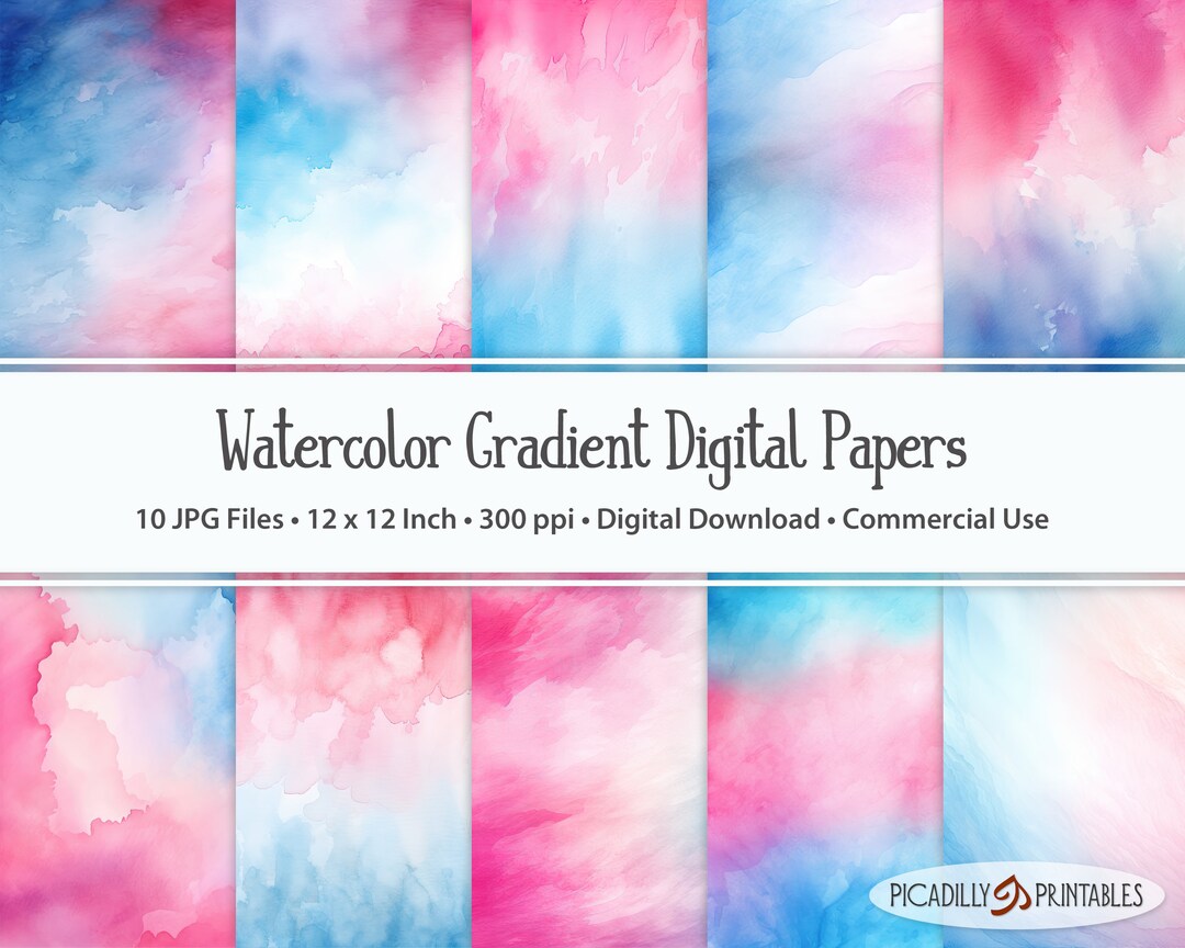 Pink & Blue Gradient Watercolor Digital Papers Backgrounds - 10 JPG ...