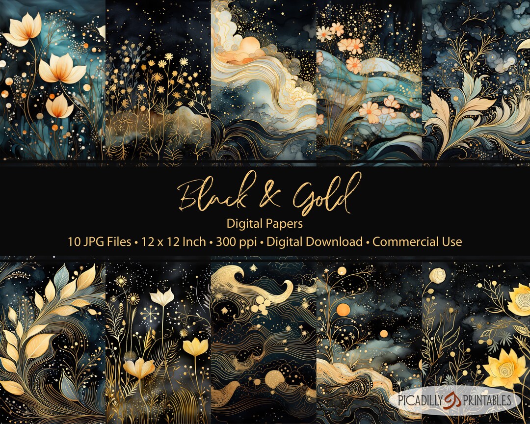 Black & Gold Digital Papers - Watercolor Background Images for ...