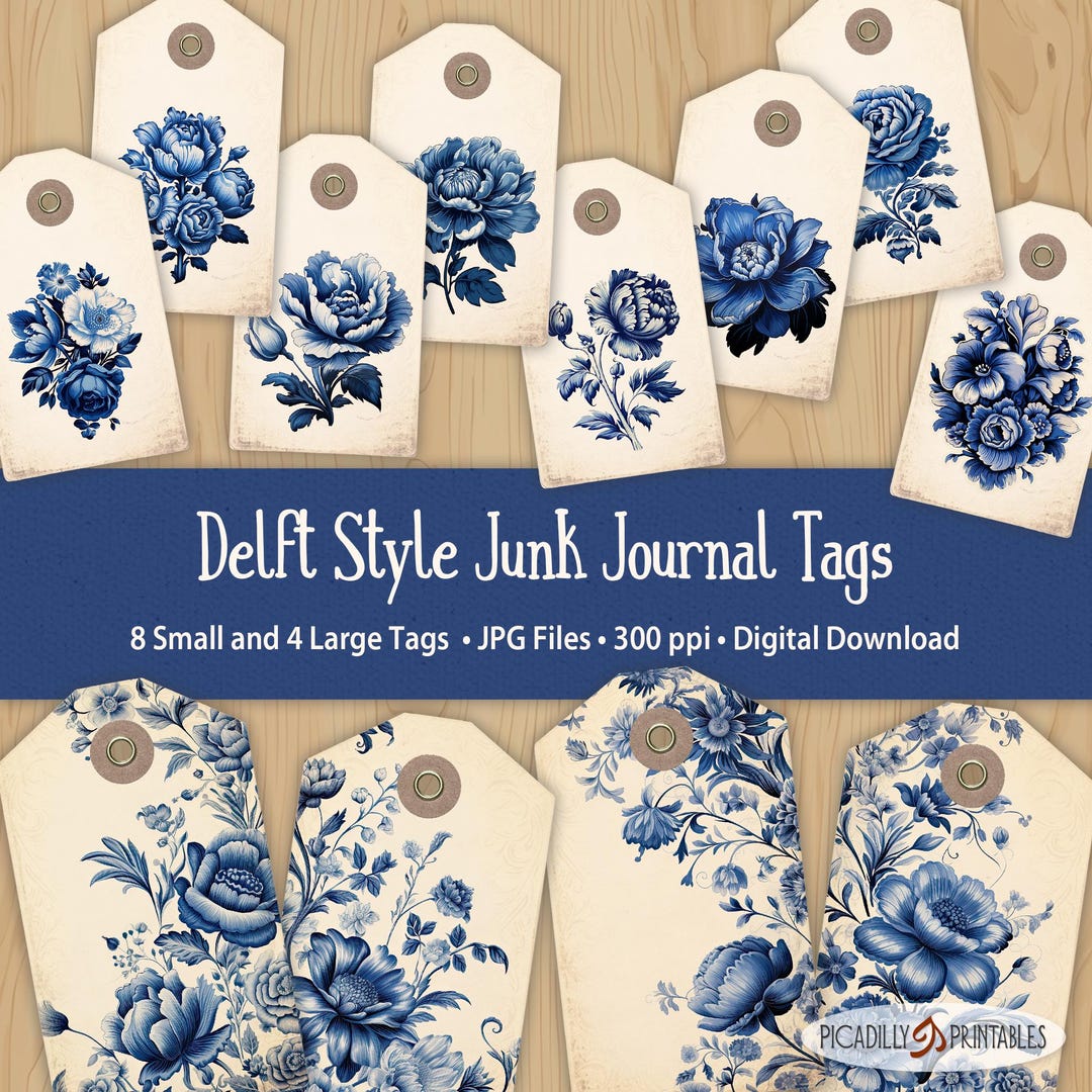 Delft Style Blue Floral Tags - 4 Large and 8 Small Junk Journal Flower ...