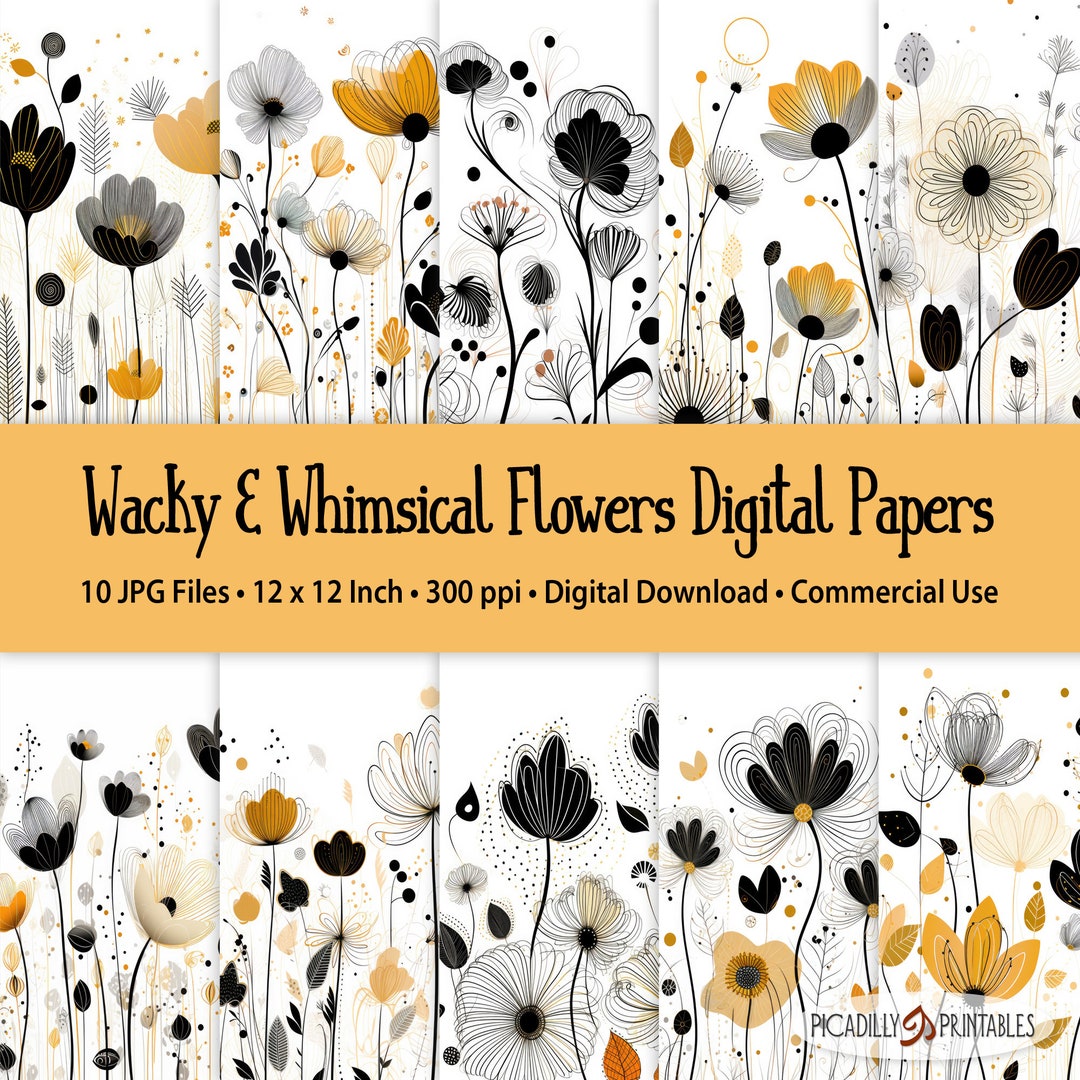Wacky & Whimsical Flowers Digital Papers, Floral Backgrounds, 10 JPG ...