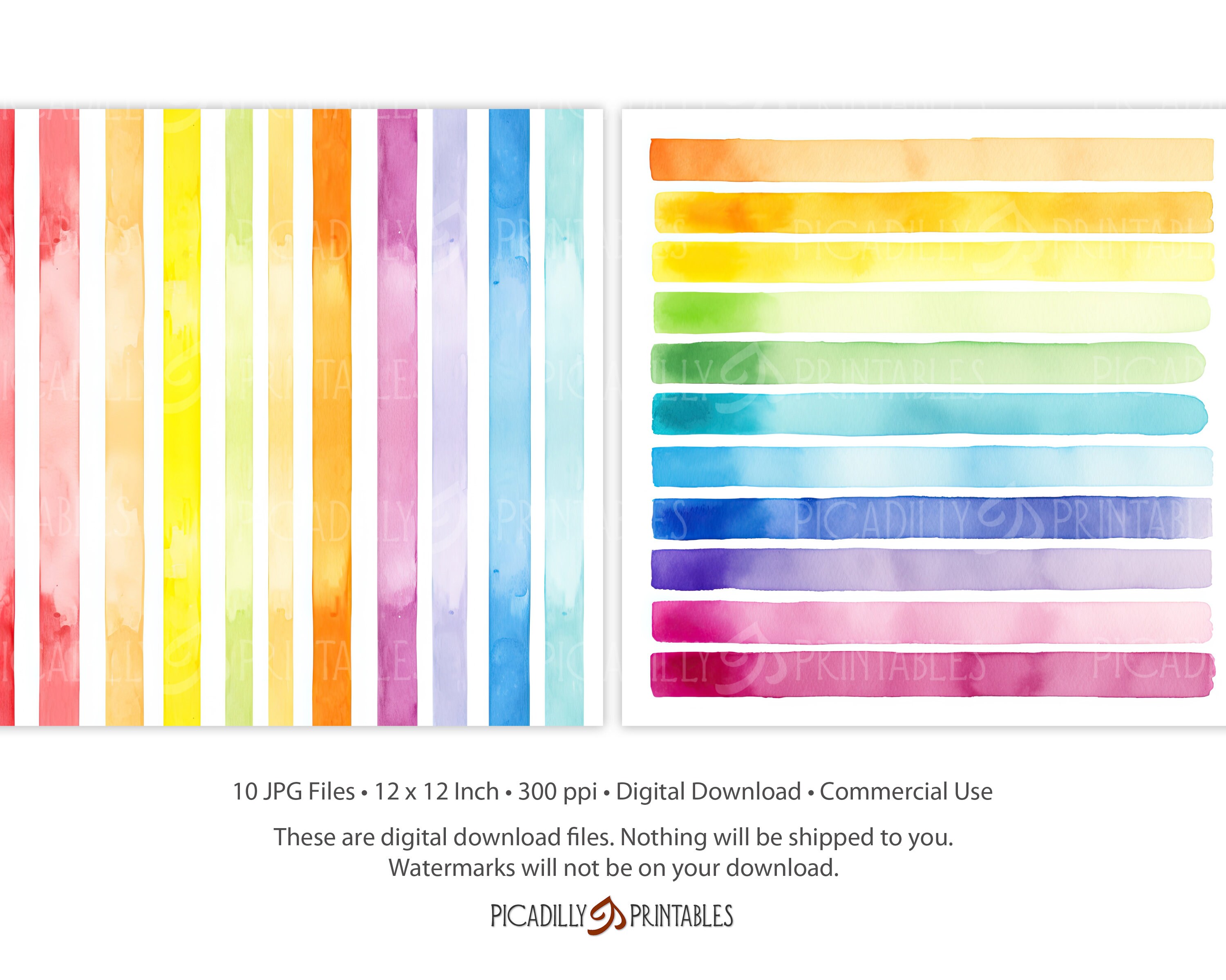 Rainbow Striped Digital Papers - Watercolor Background Images - 10 JPG ...