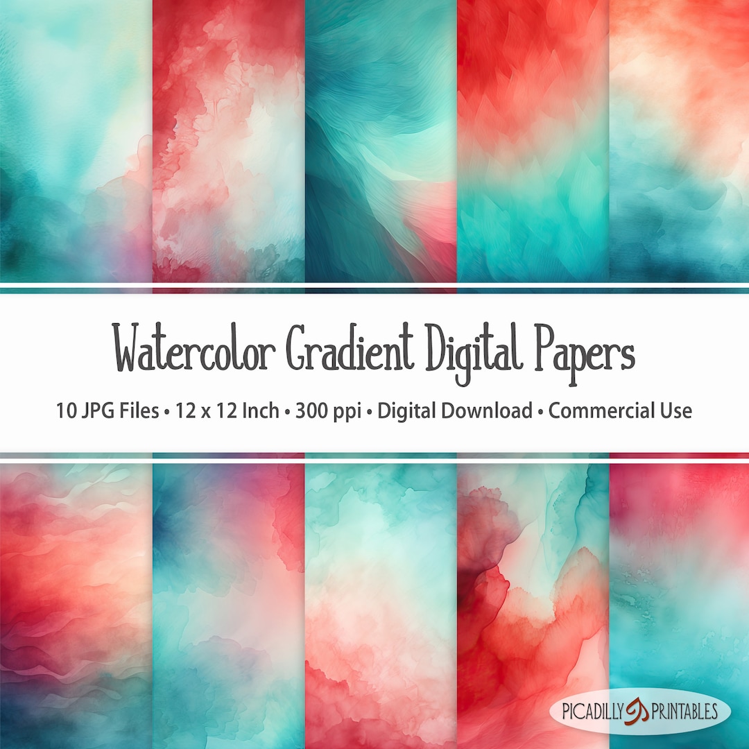 Red & Teal Blue Green Gradient Watercolor - 10 Digital Papers ...