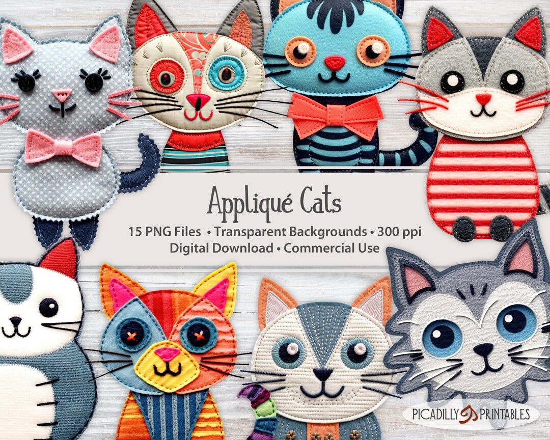 Applique Cats Clip Art 15 PNG Files With Transparent Backgrounds 300 ...