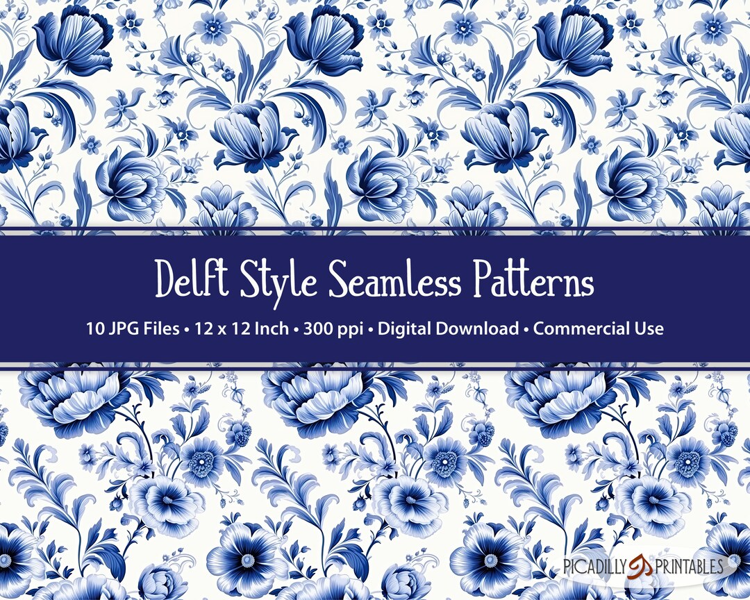 Delft Style Floral Seamless Patterns - Blue & White Flower Backgrounds ...