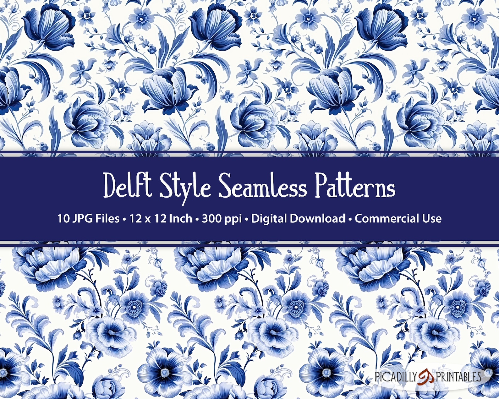 Delft Style Floral Seamless Patterns - Blue & White Flower Backgrounds ...