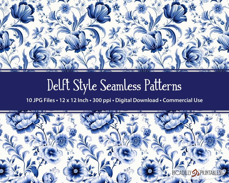 Delft Style Floral Seamless Patterns - Blue & White Flower Backgrounds ...