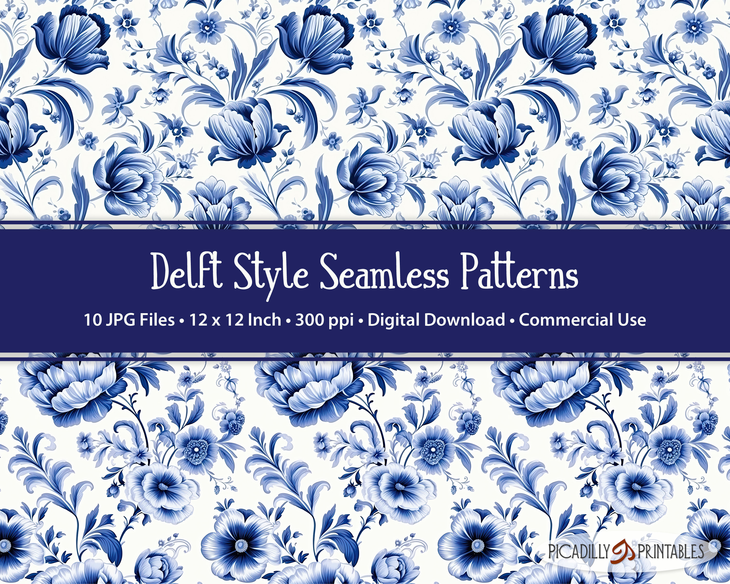 Delft Style Floral Seamless Patterns - Blue & White Flower Backgrounds ...