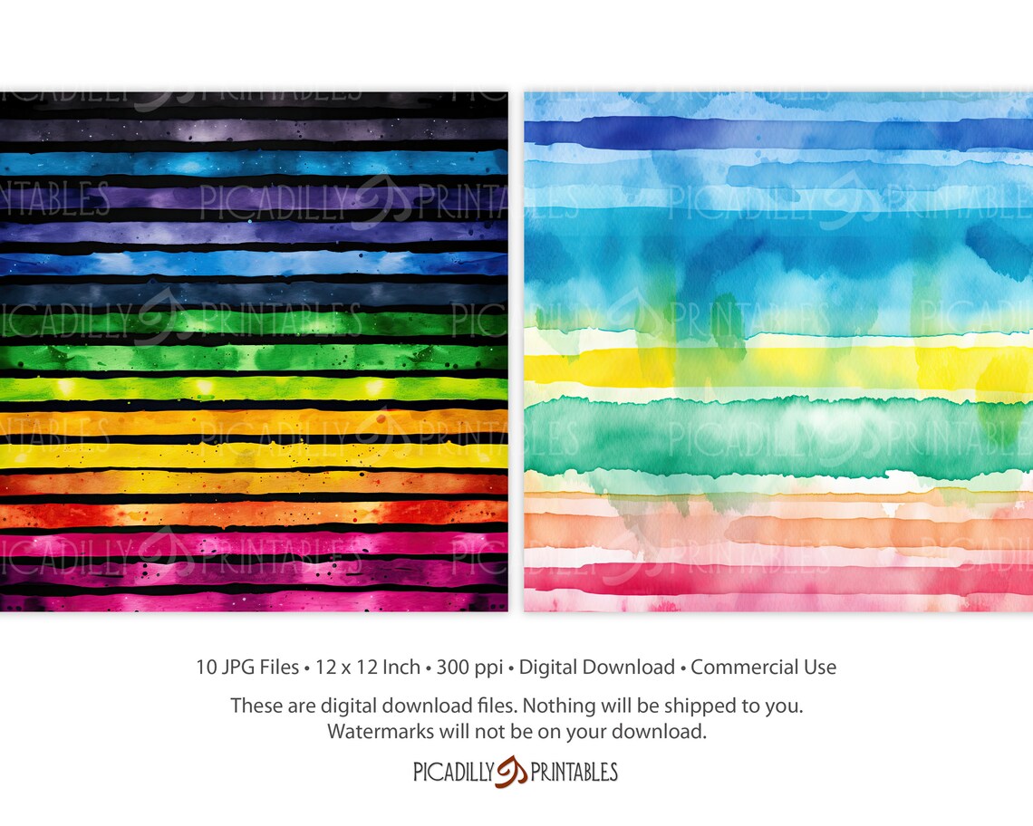 Rainbow Striped Digital Papers Watercolor Background Images 10 JPG ...