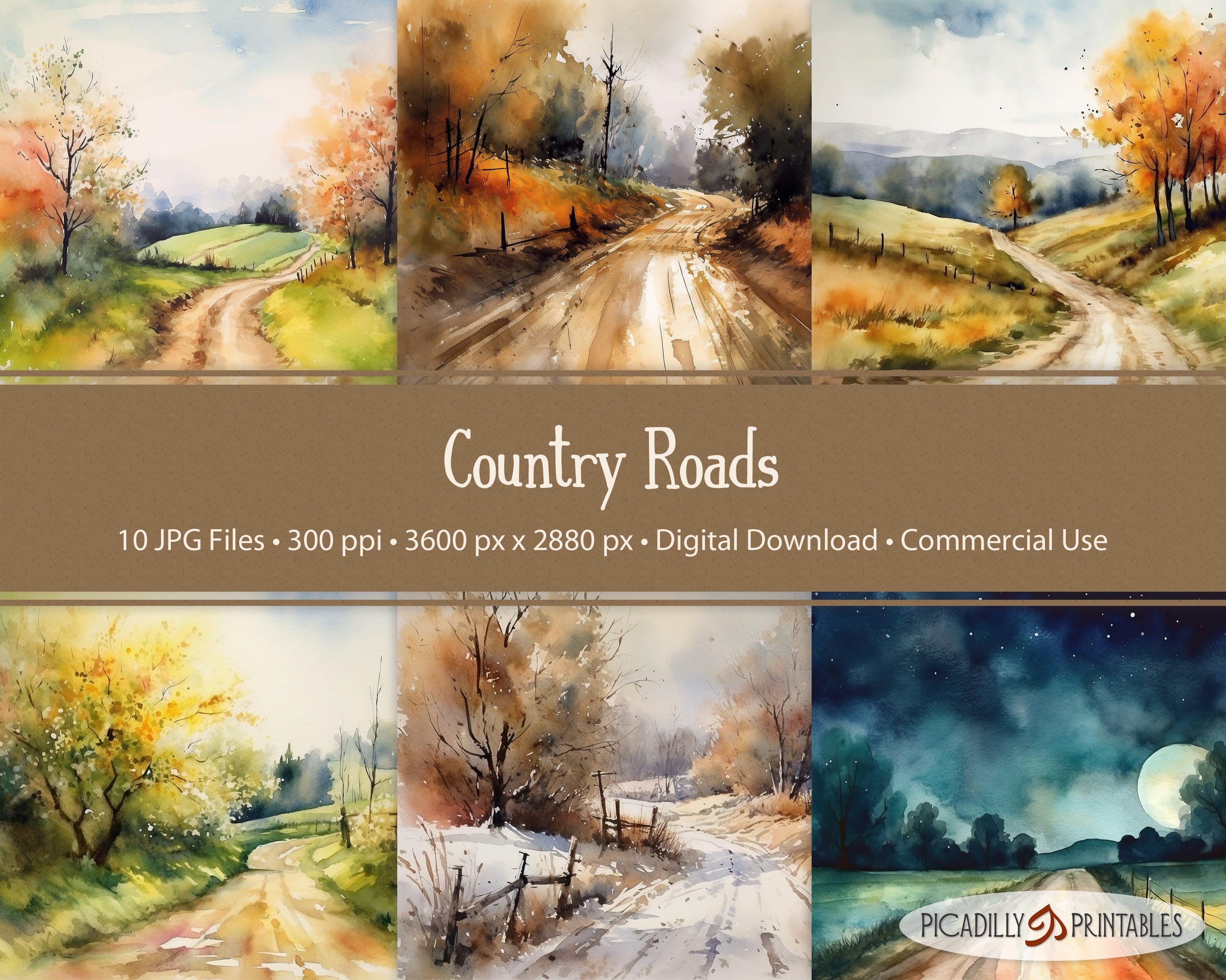 Country Roads Watercolor Dirt Road Backgrounds for Scrapbooking, Journals, Collages 10 JPG ...
