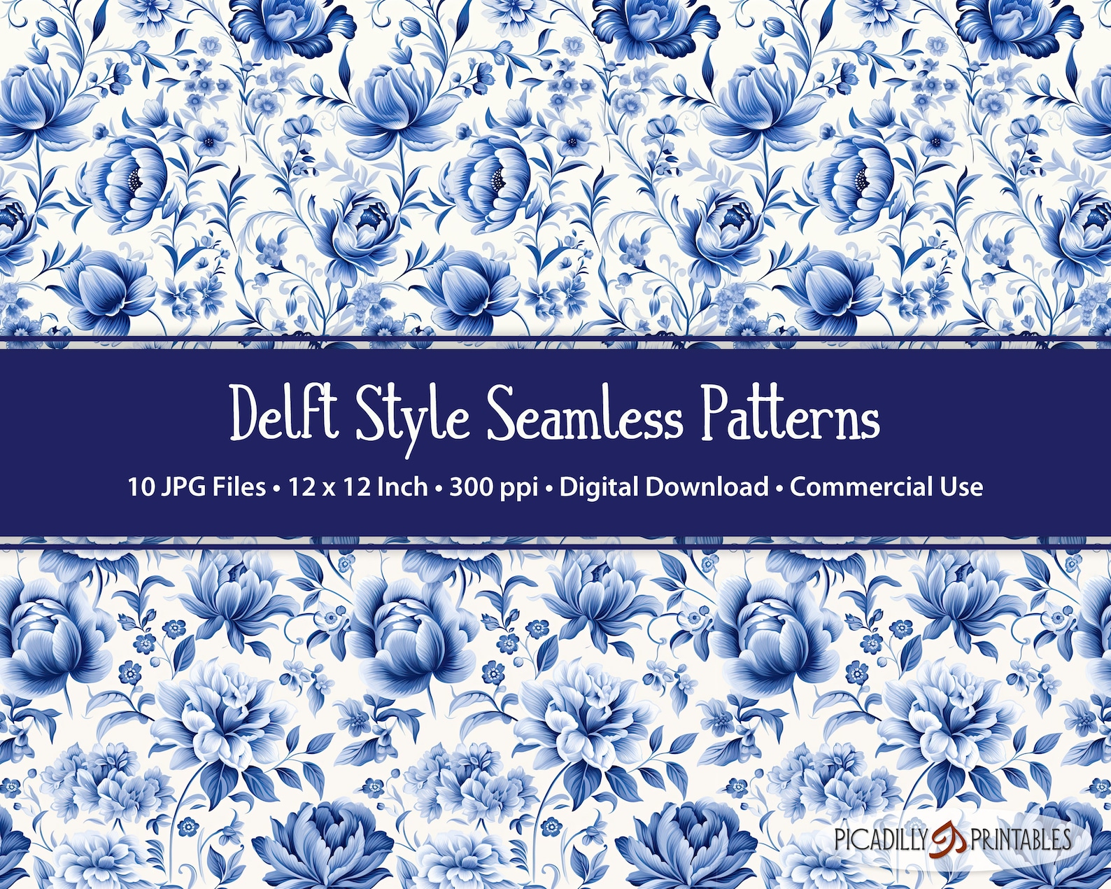 Delft Style Floral Seamless Patterns - Blue & White Flower Backgrounds ...