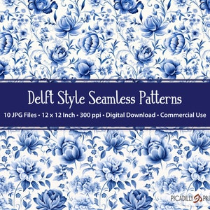 Delft Style Floral Seamless Patterns - Blue & White Flower Backgrounds ...