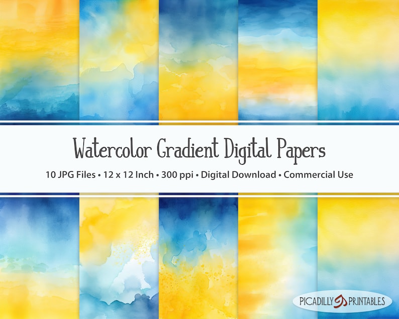 Blue and Yellow Gradient Watercolor Digital Papers Backgrounds - 10 JPG ...
