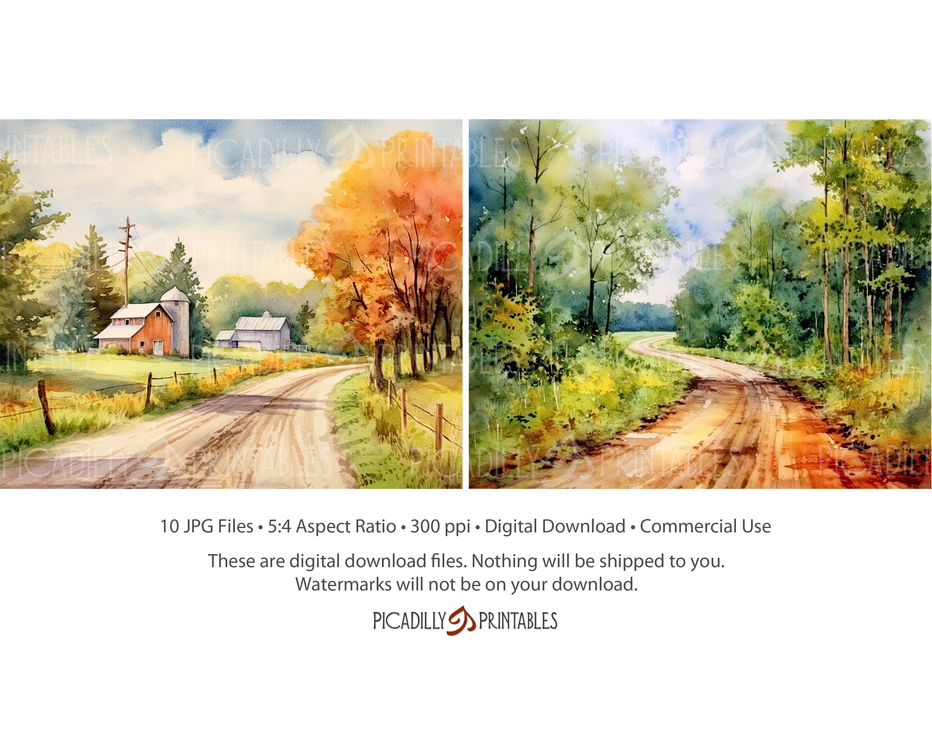 Country Roads 4 - Watercolor Dirt Road Backgrounds for Scrapbooking ...