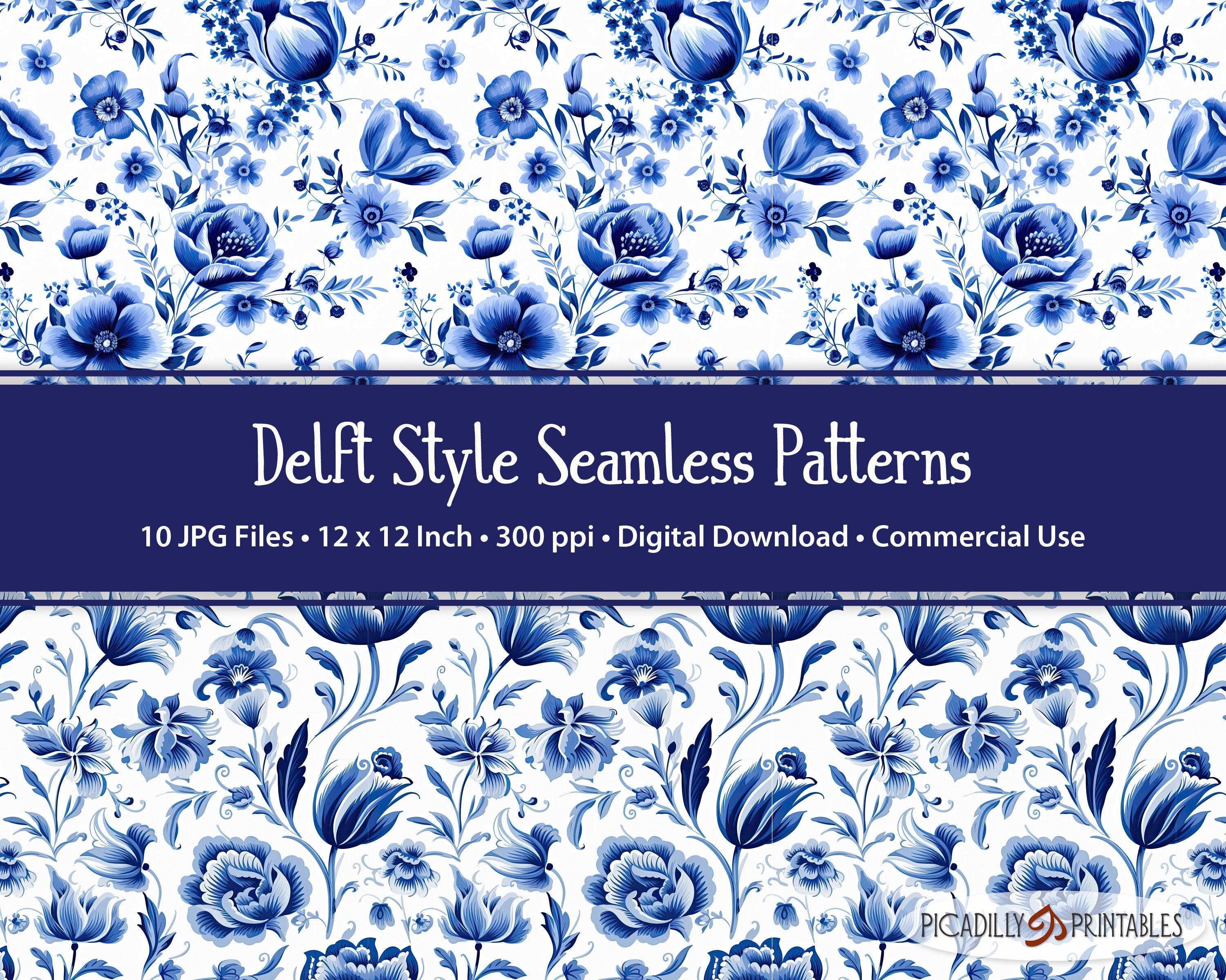 Delft Style Floral Seamless Patterns - Blue & White Flower Backgrounds ...