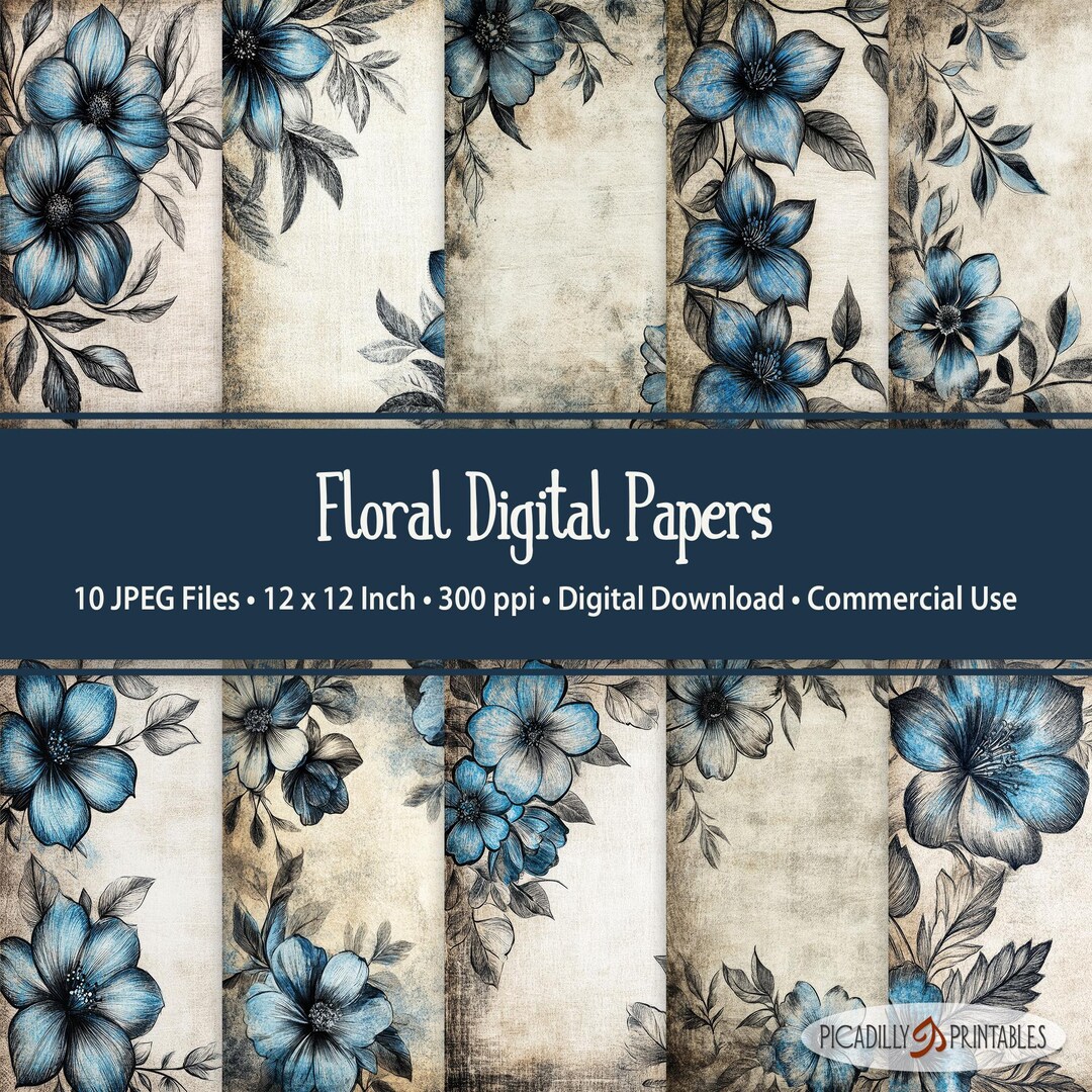 Blue Floral Digital Papers Vintage Grunge Style Scrapbook Floral ...