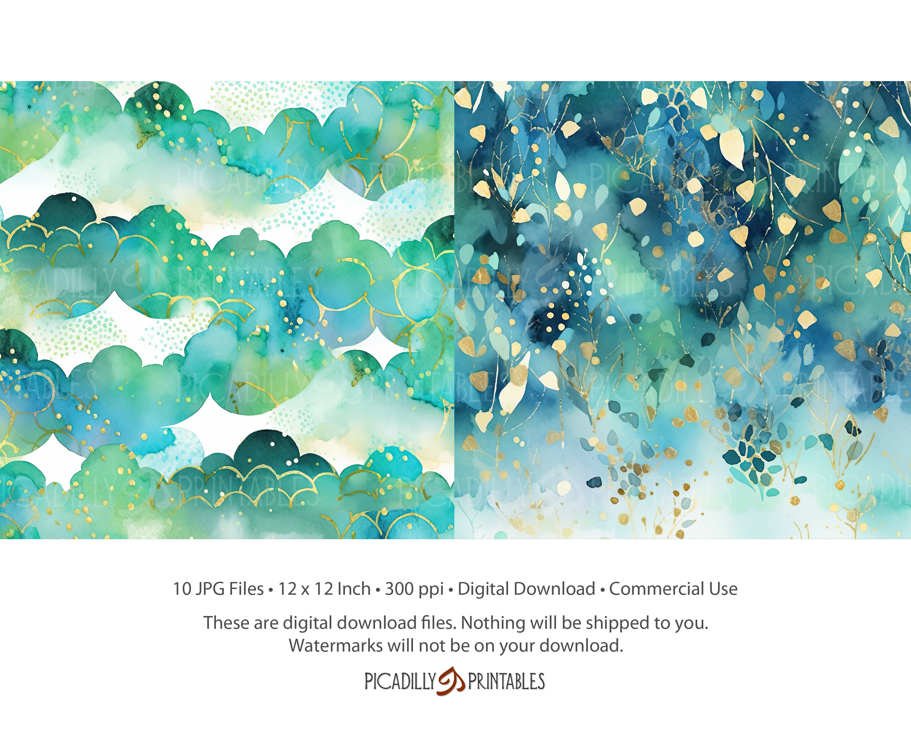 Blue & Green Digital Papers II - Watercolor Backgrounds for ...