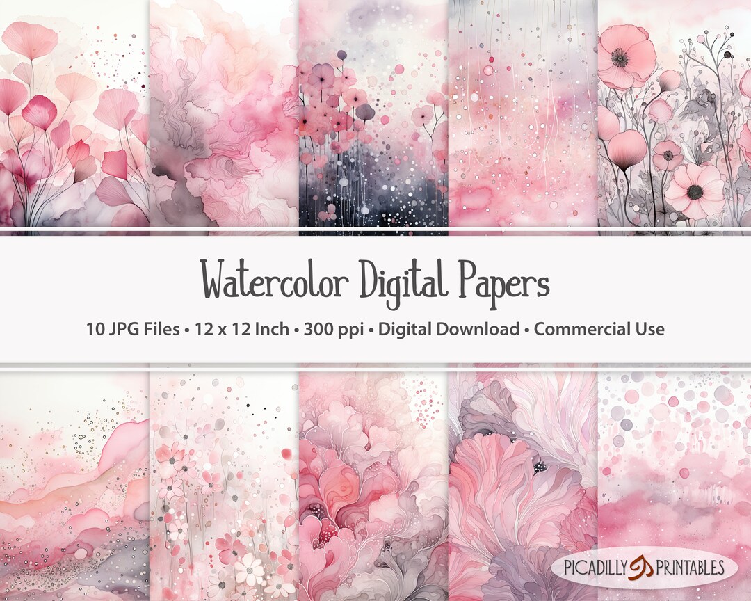 Pink & Gray Digital Papers - Watercolor Background Images for ...