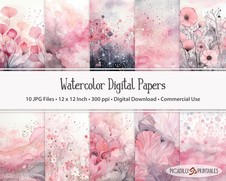 Pink & Gray Digital Papers - Watercolor Background Images for ...