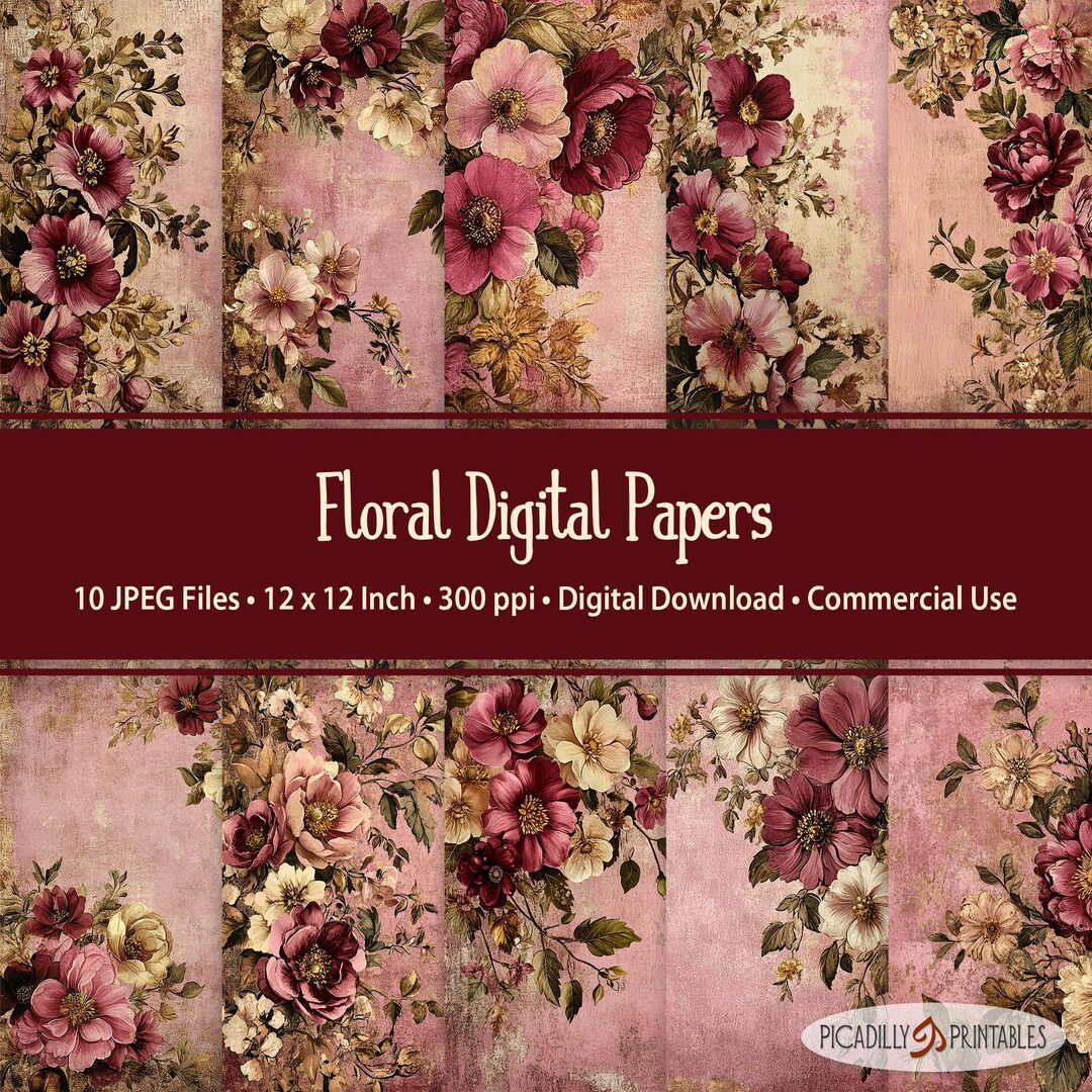 Rose Pink Digital Papers - Vintage Grunge Style Floral Themed Scrapbook ...