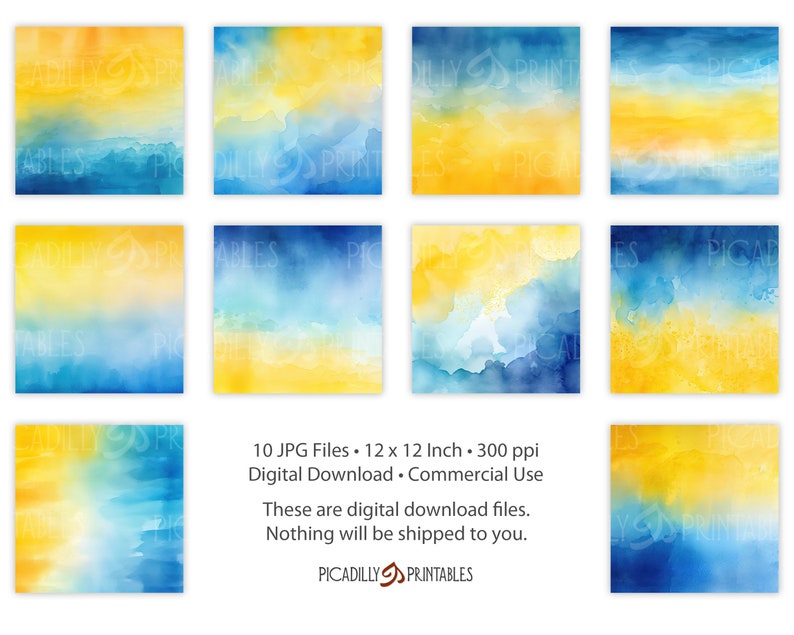 Blue and Yellow Gradient Watercolor Digital Papers Backgrounds - 10 JPG ...