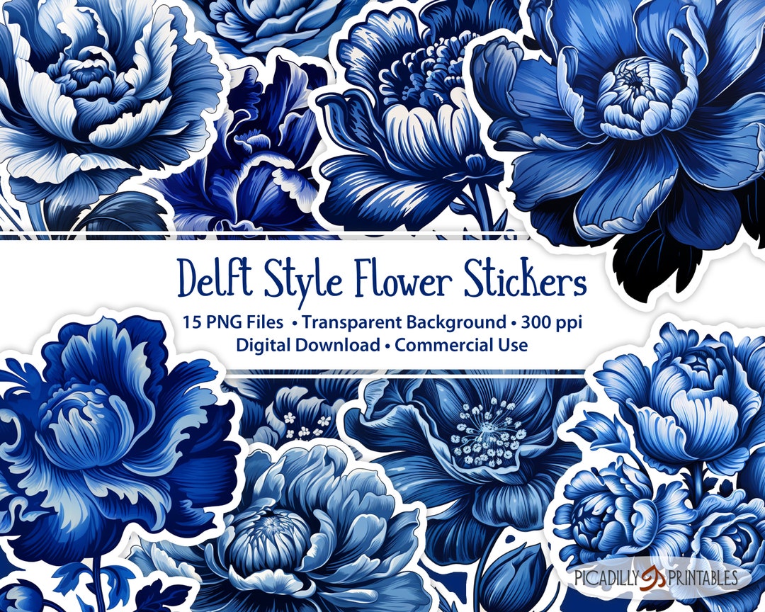 Delft Style Floral Clip Art Stickers - 15 PNG Files With Transparent ...