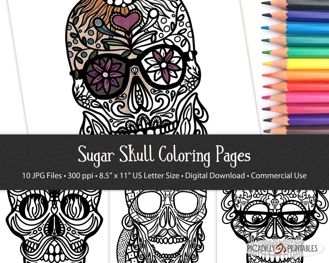 Skull Coloring Pages Sugar Skulls - 10 JPG Images - Hand Drawn ...