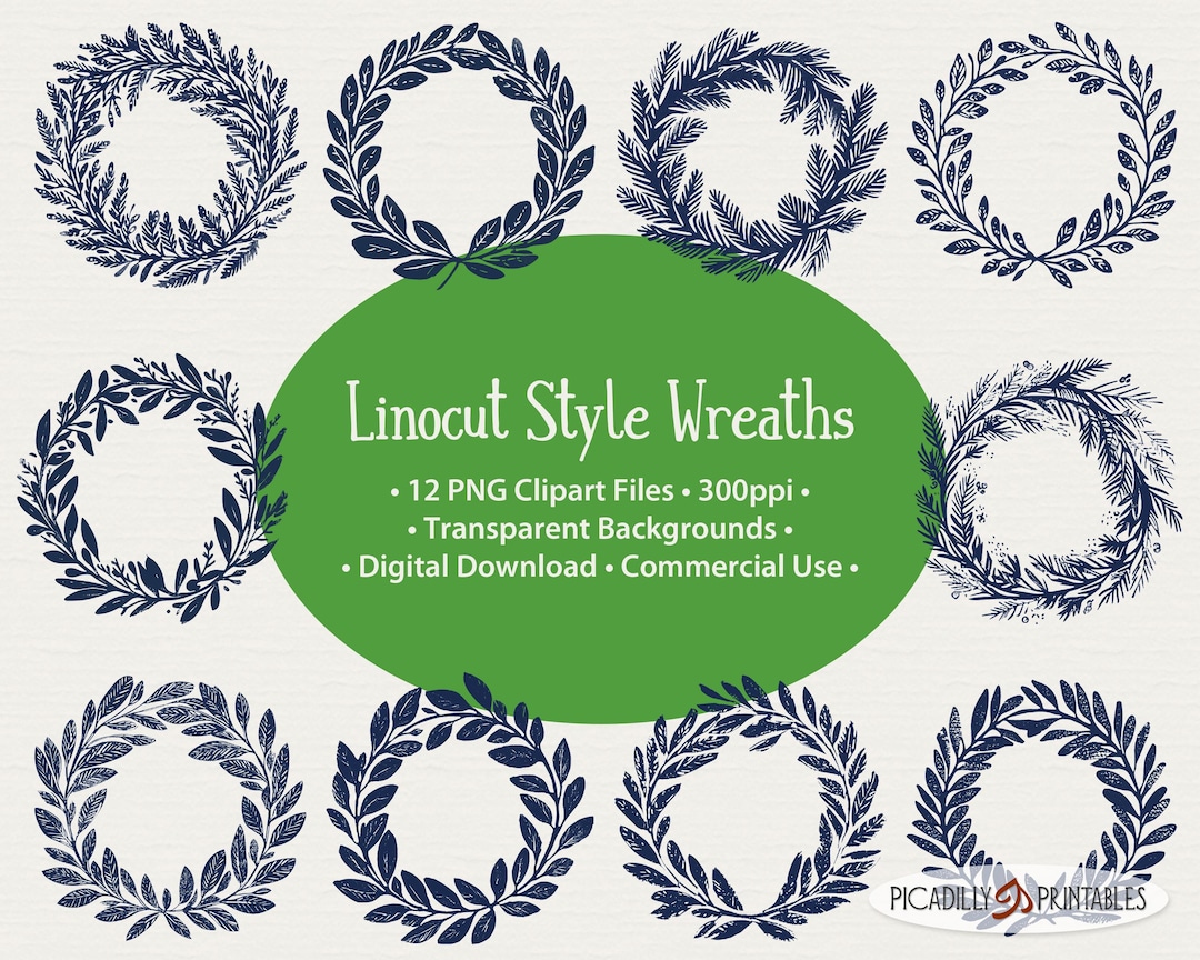 Wreath Clip Art - Linocut Style - 12 PNG Files With Transparent ...