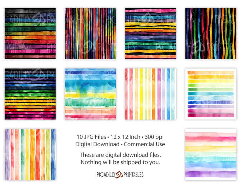 Rainbow Striped Digital Papers Watercolor Background Images 10 JPG ...