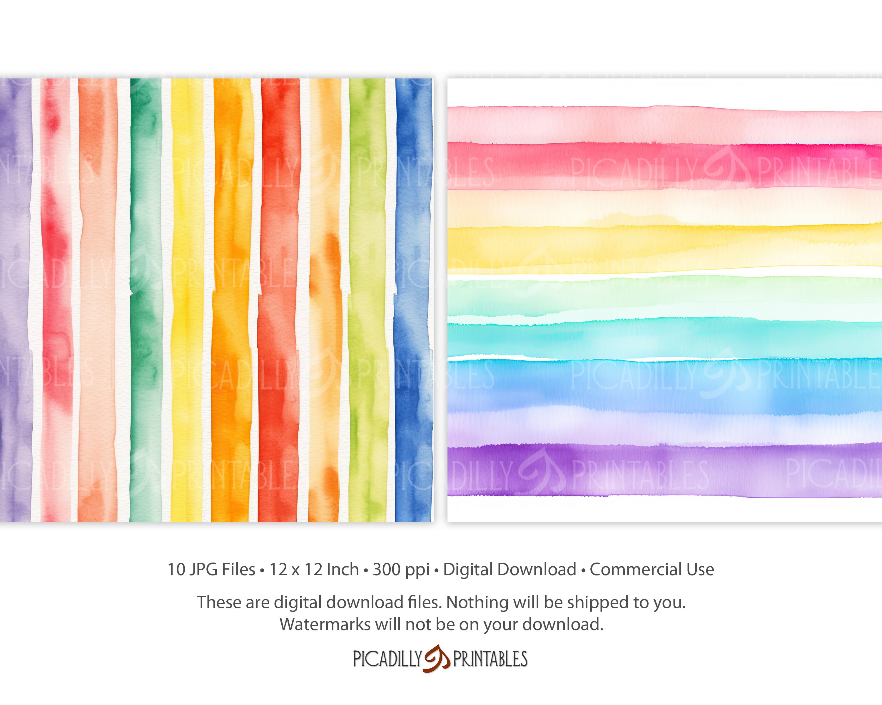 Rainbow Striped Digital Papers - Watercolor Background Images - 10 JPG ...