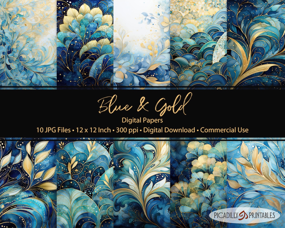 Blue & Gold Digital Papers Backgrounds for Scrapbooking, Card Making 10 ...