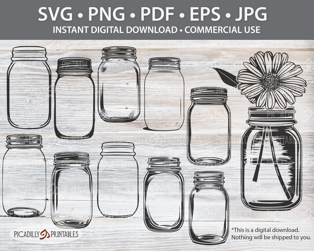 Mason Jar Silhouettes SVG PNG Canning Clipart - 11 Cut Files - Digital ...