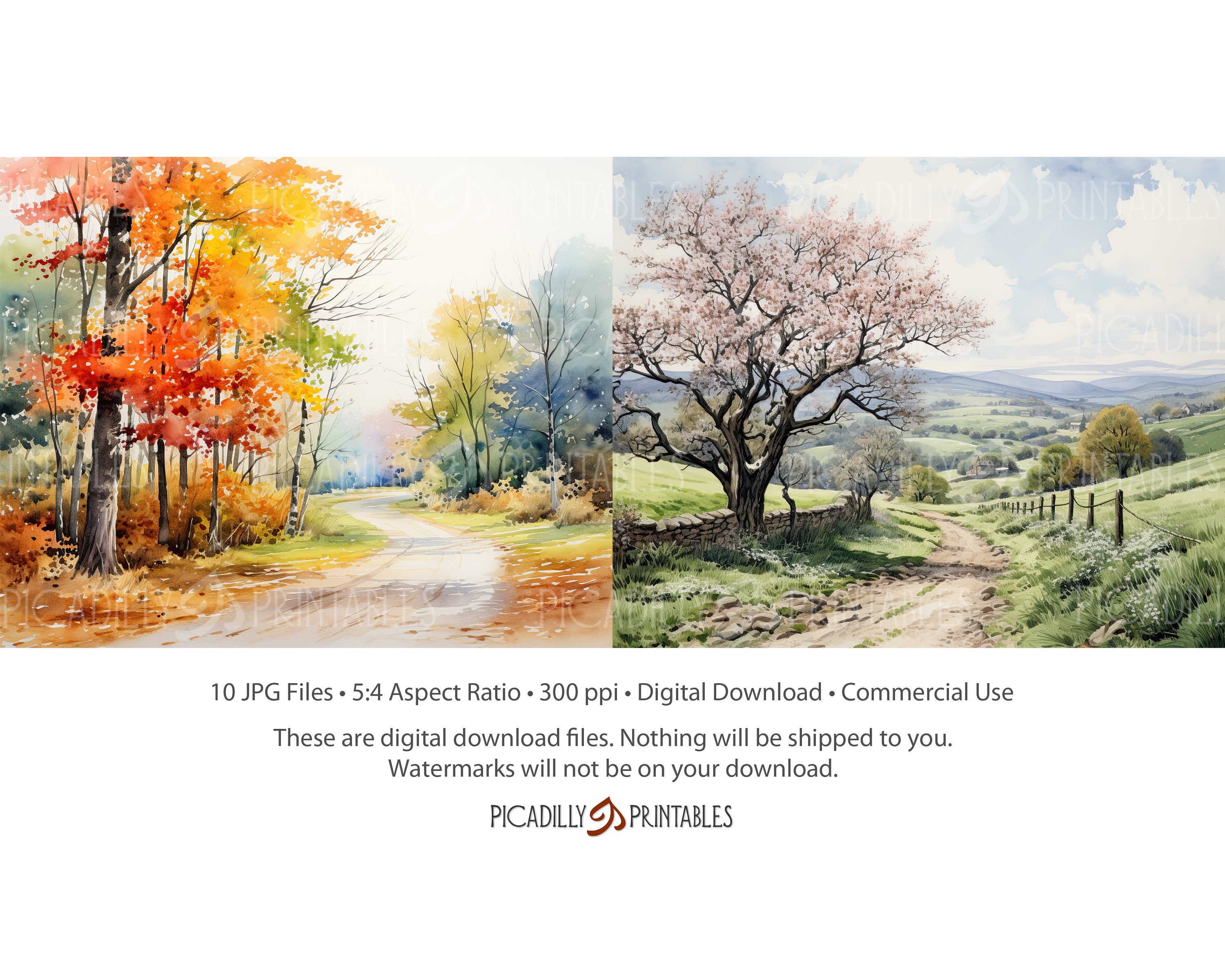 Country Roads 2 - Watercolor Dirt Road Backgrounds for Scrapbooking, Journals, Collages - 10 JPG ...