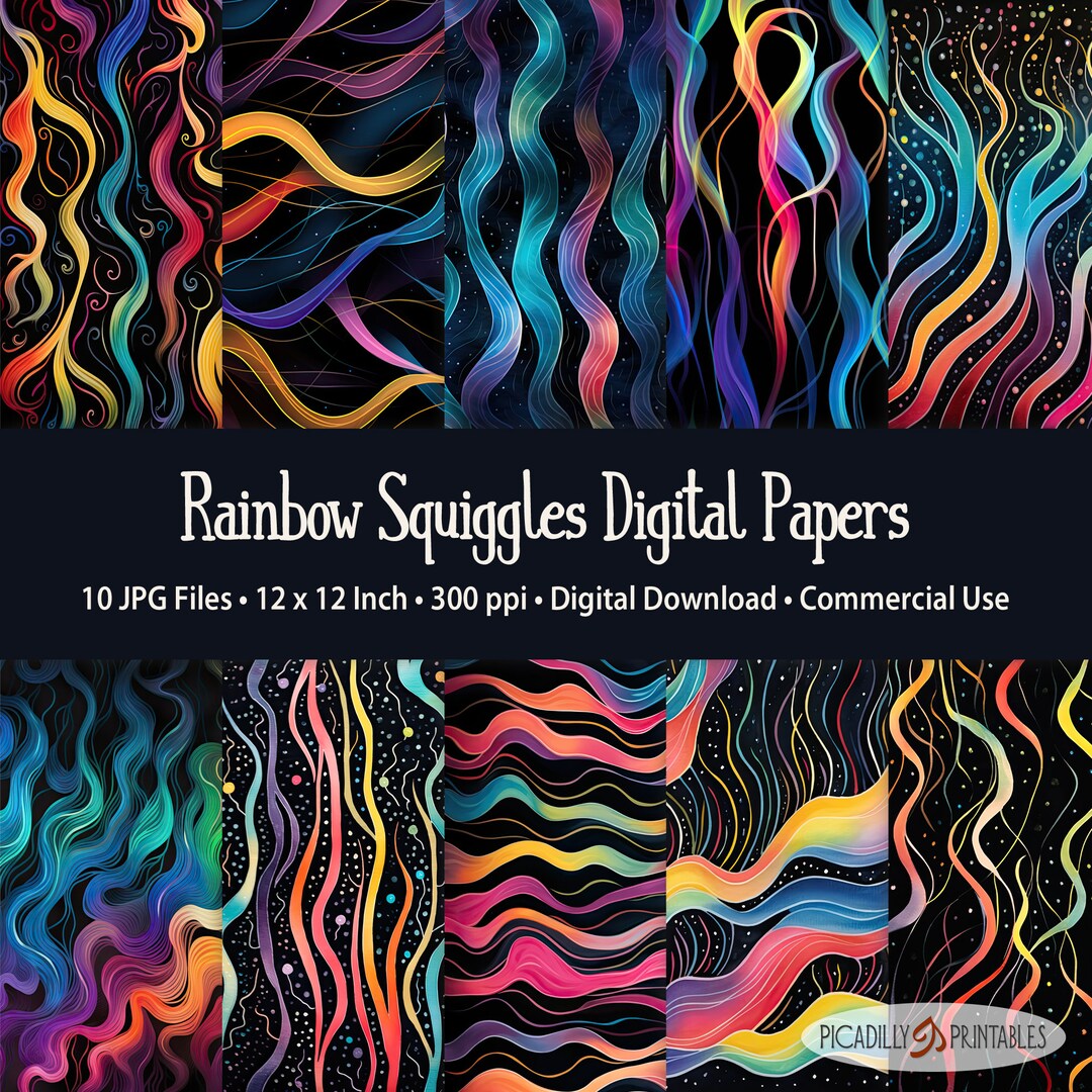 Rainbow Wavy Lines on Black Digital Papers Background Squiggle Images ...