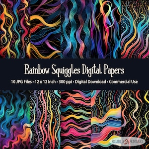 Rainbow Wavy Lines on Black Digital Papers Background Squiggle - Etsy
