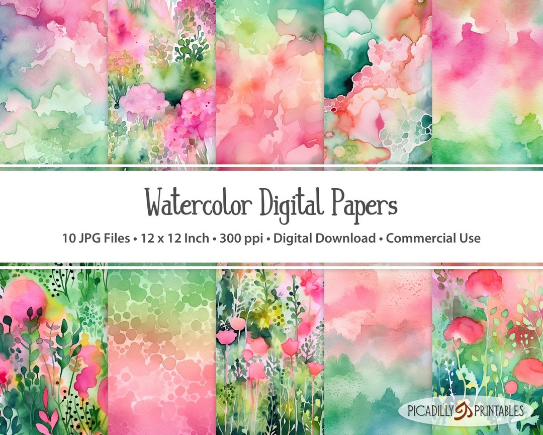 Pink & Green Digital Papers - Watercolor Background Images for ...