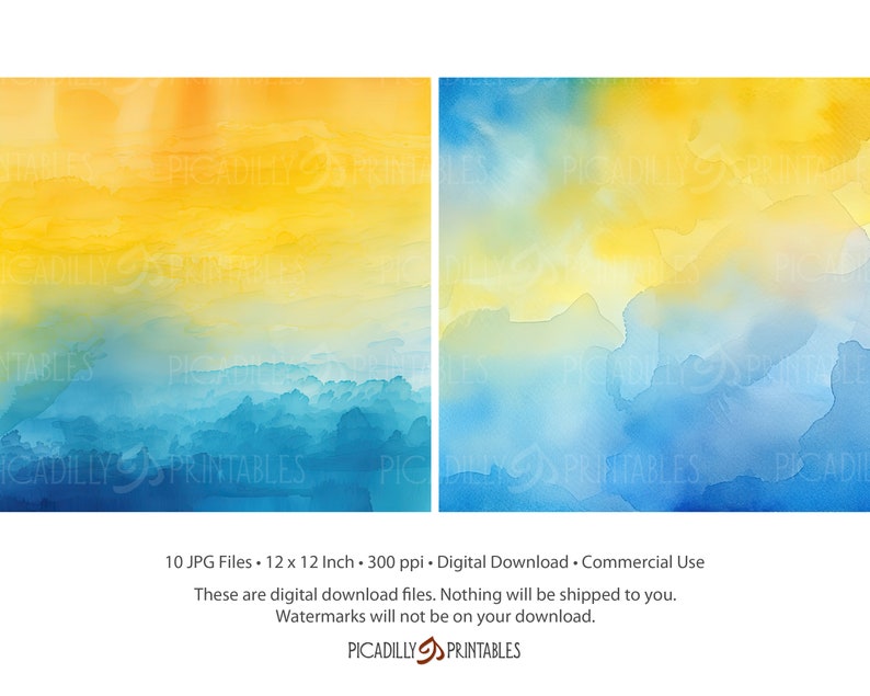 Blue and Yellow Gradient Watercolor Digital Papers Backgrounds - 10 JPG ...