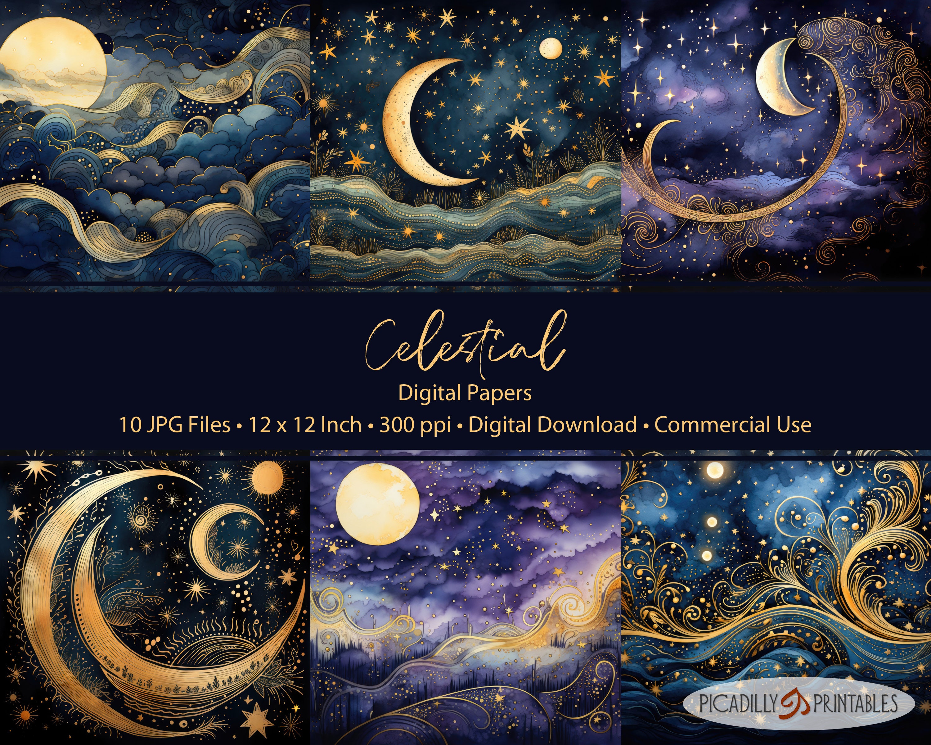 Celestial Night Sky Digital Papers - Backgrounds for Scrapbooking, Card ...