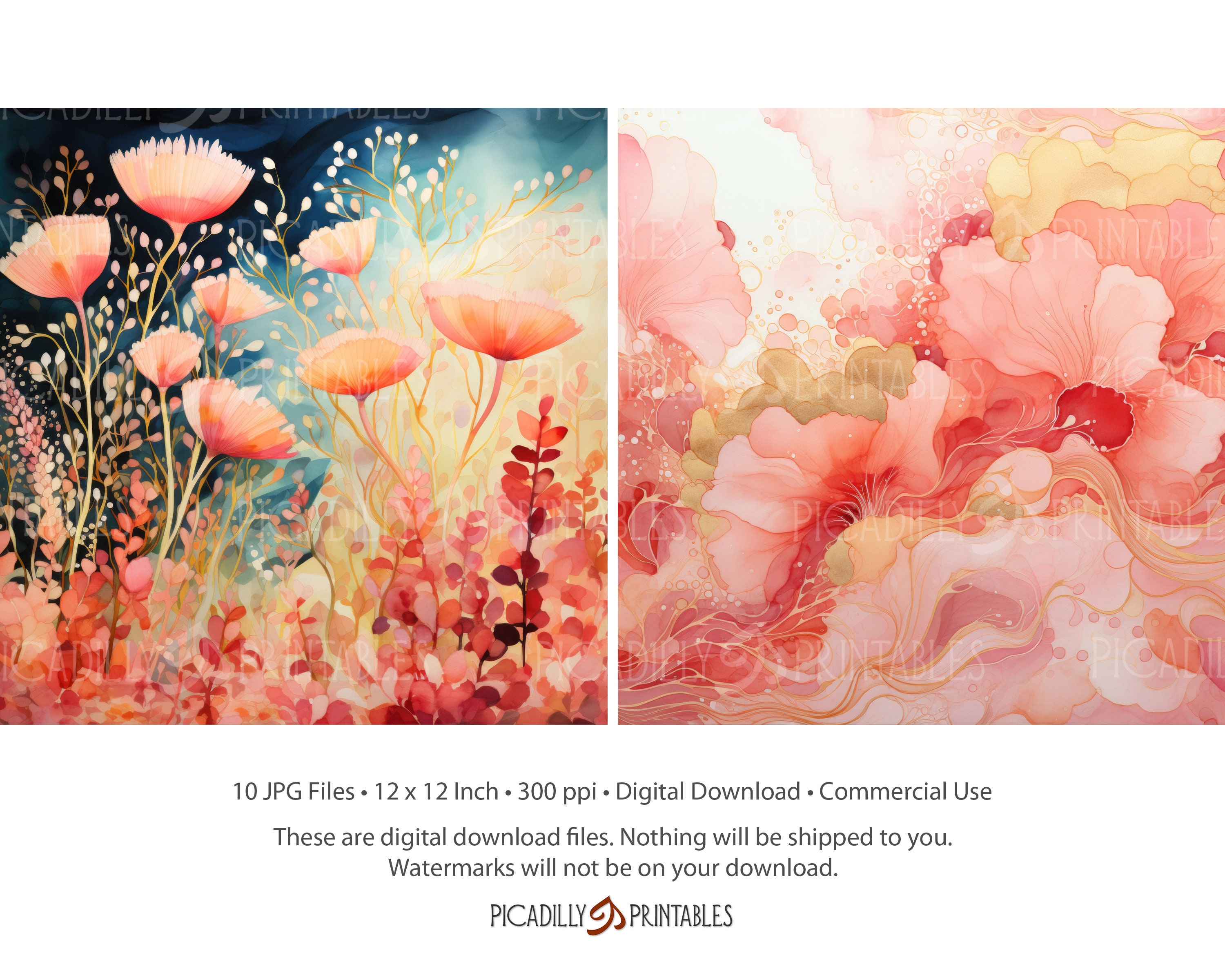 Coral Digital Papers Watercolor Backgrounds for Scrapbooking, Card ...